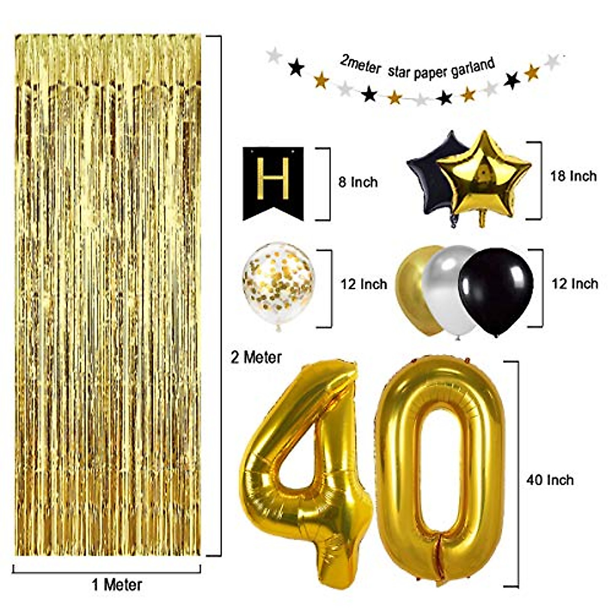 Black and Gold 40th Birthday Decorations Banner Balloon, Happy Birthday Banner, 40th Gold Foil Balloons, Number 40 Birthday Balloons, 40 Years Old Birthday Decoration Supplies
