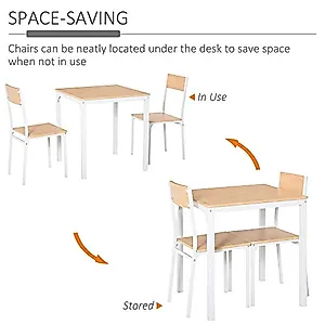 HOMCOM 3-Piece Wooden Square Dining Table Set with 1 Table and 2 Chairs and Sturdy Metal Frame for Small Space, White