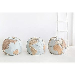 Lorena Canals USA Pouffe World Map, Light Blue, Natural, Linen, Beige, Grey, 1' 5" x Ø1' 8"