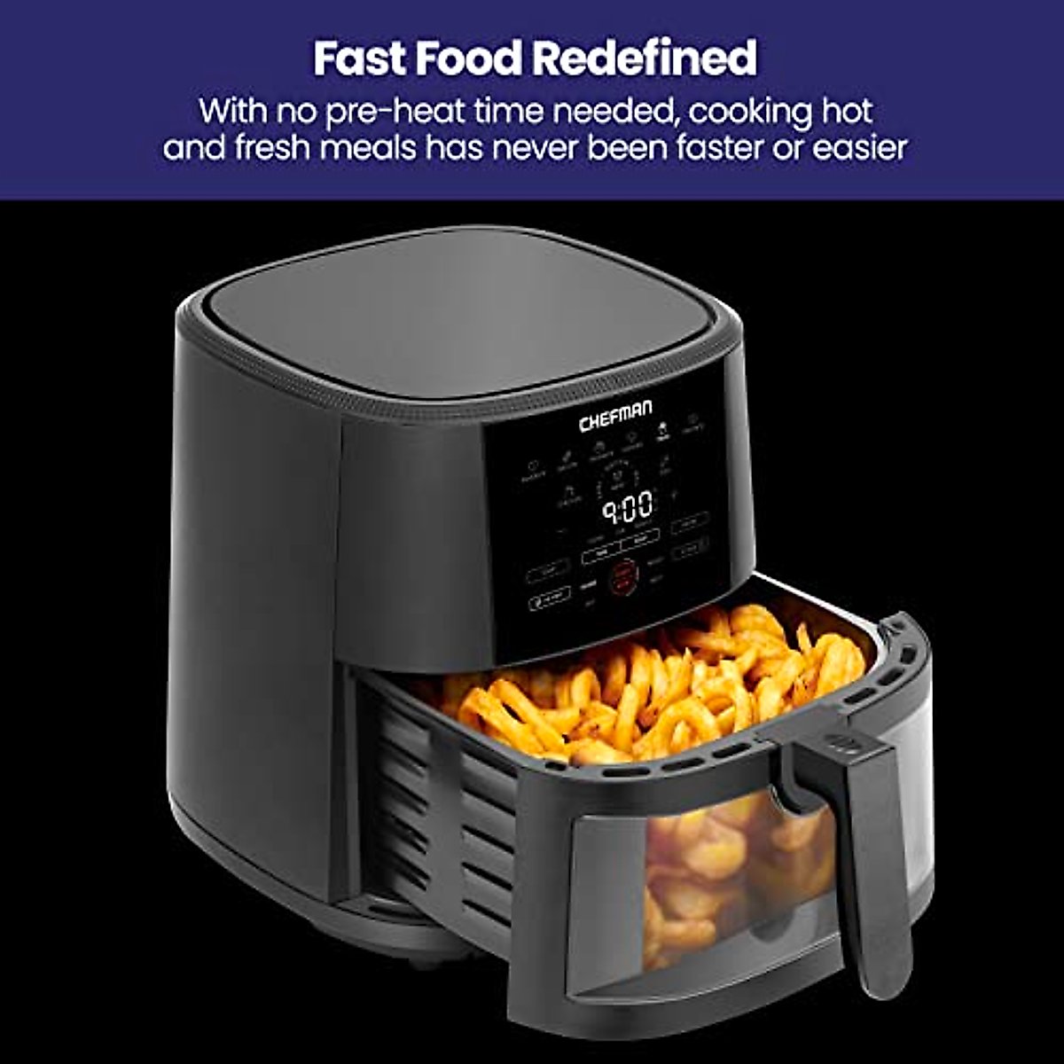Chefman Air Fryer 8 Qt with Probe Thermometer, 8 Preset Functions, 1-Touch Digital Display Compact Cooker, Extra Large Nonstick Square Air Fryer Basket with Window, Dishwasher-Safe Parts, Black