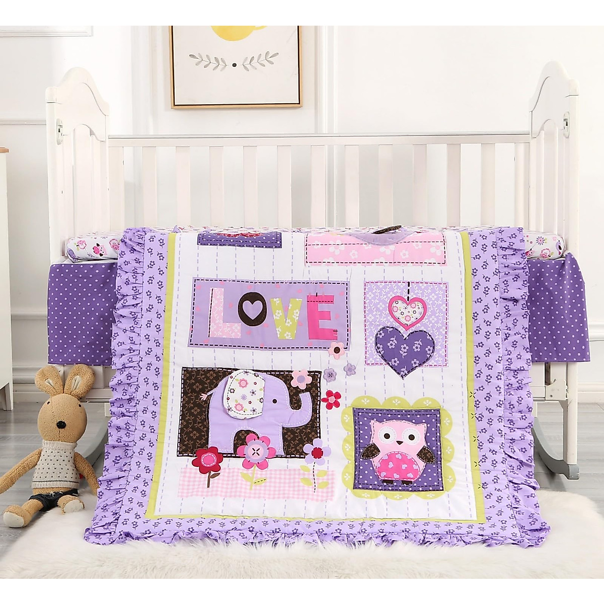 Wowelife Elephant Crib Bedding Set 100% Cotton 3-Piece Baby Bedding Set Purple Elephant Owl Nursery Bedding Set Crib Sheet Sets for Boy and Girl