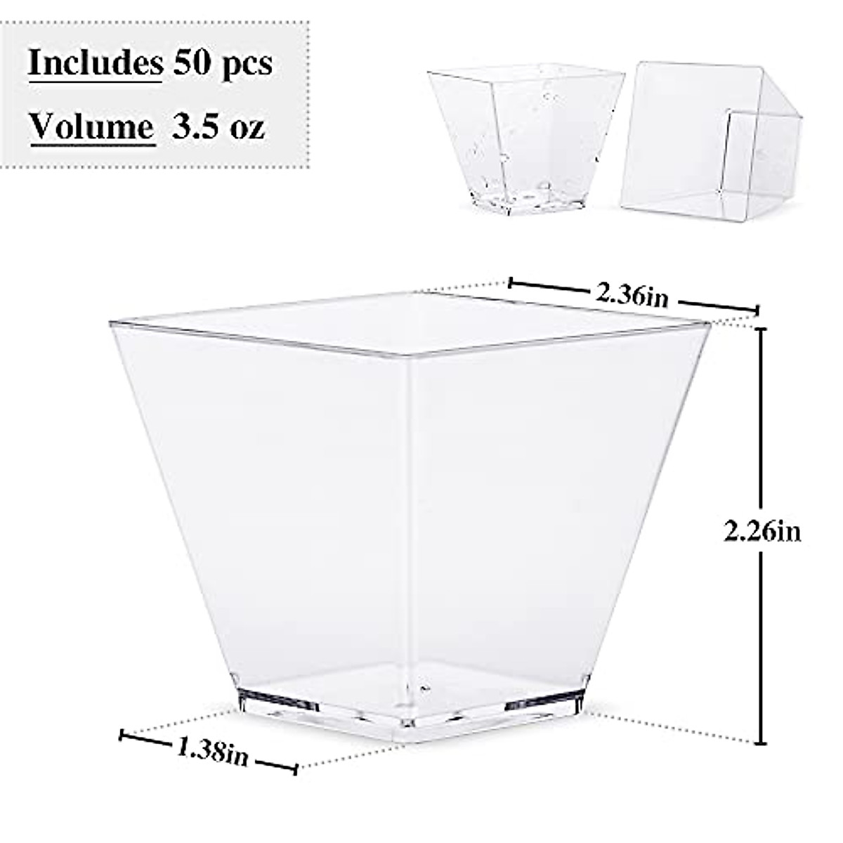 50 Pack 3.5 Oz Plastic Mini Dessert Cups,Square Clear Parfait Cups for Chocolate Desserts, Appetizers,Dessert Samplers,Dessert Shot Glasses & More