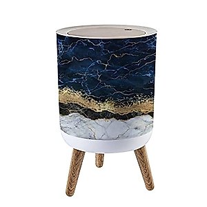 Small Trash Can with Lid Abstract White Blue Marble with Golden Veins Fake Stone Texture Liquid Round Recycle Bin Press Top Dog Proof Wastebasket for Kitchen Bathroom Bedroom Office 7L/1.8 Gallon
