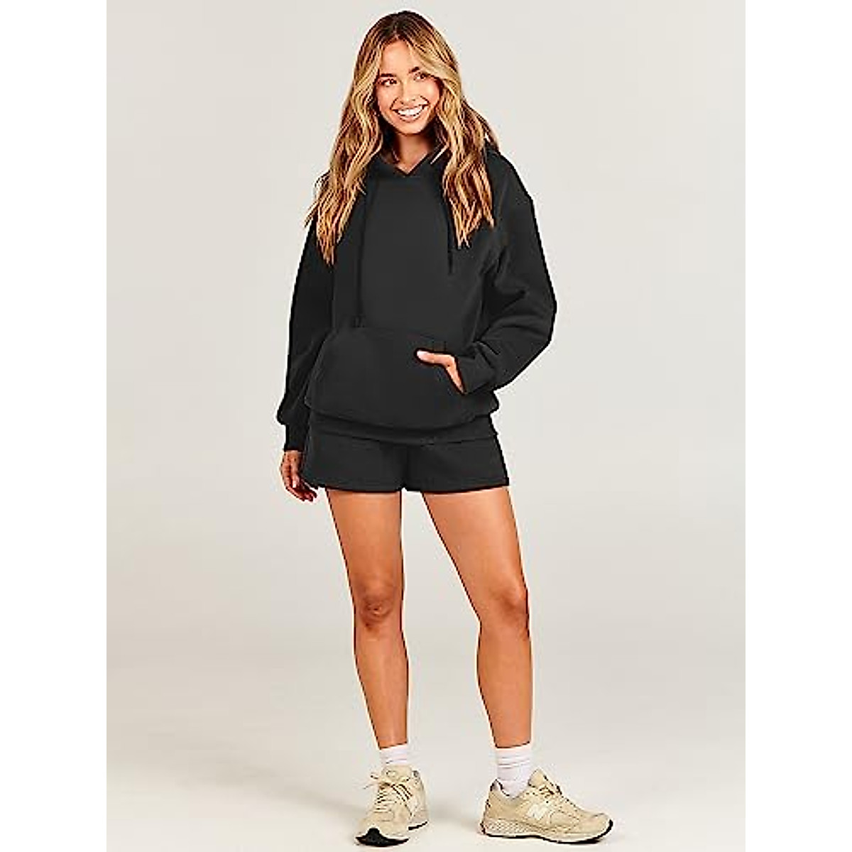 ANRABESS Women 2 Piece Outfits Sweatsuit Set 2023 Fall Two Piece Short Sweat Set Oversized Hoodie Sweatshirt Casual Tracksuit Casual Lounge Matching Set 1048heise-M