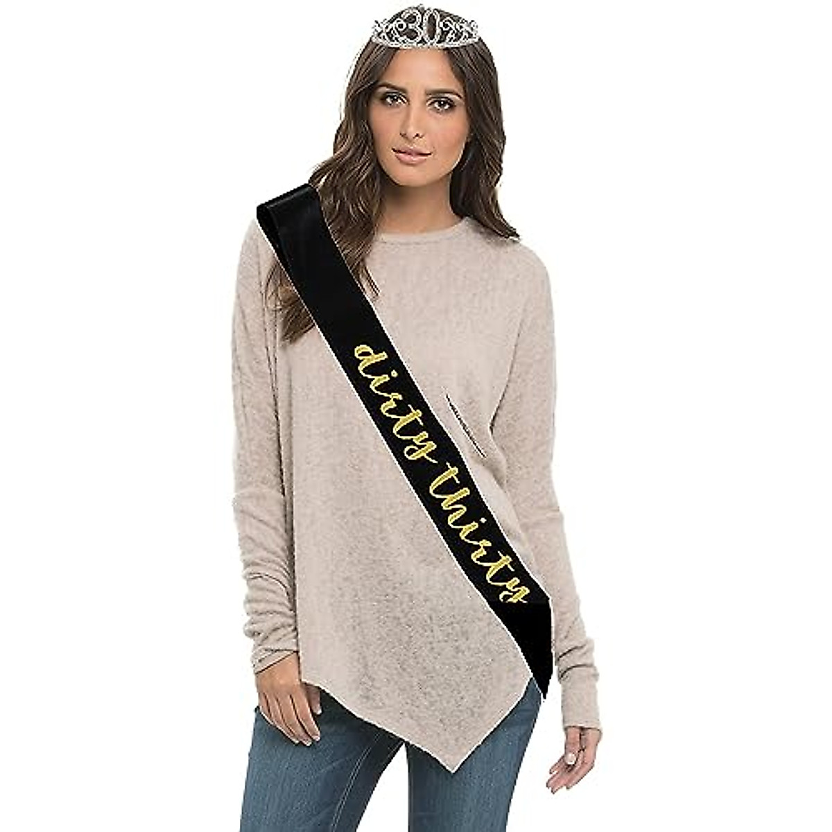 Happy Birthday Tiara and Sash Set - Rhinestone Queen Tiara with Dirty Thirty Satin Sash Decoration for 30th Birthday