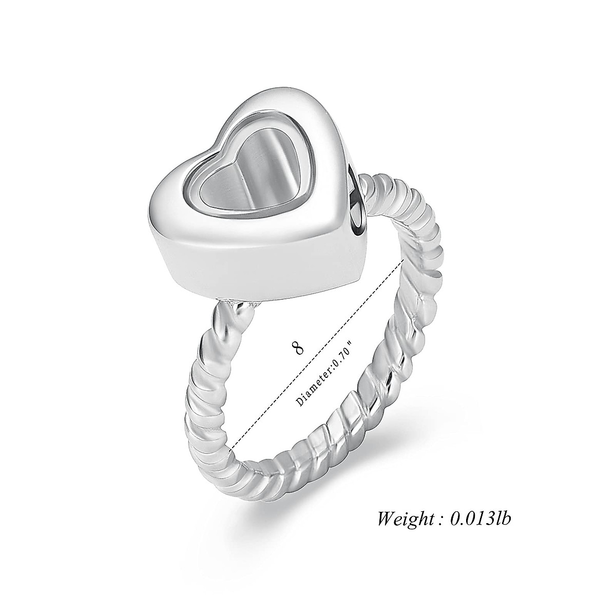 XSMZB Glass Heart Urn Cremation Rings for Ashes - Stainless Steel Memorial Finger Ring Human Pets Keepsake Jewelry for Women (Silver-8)