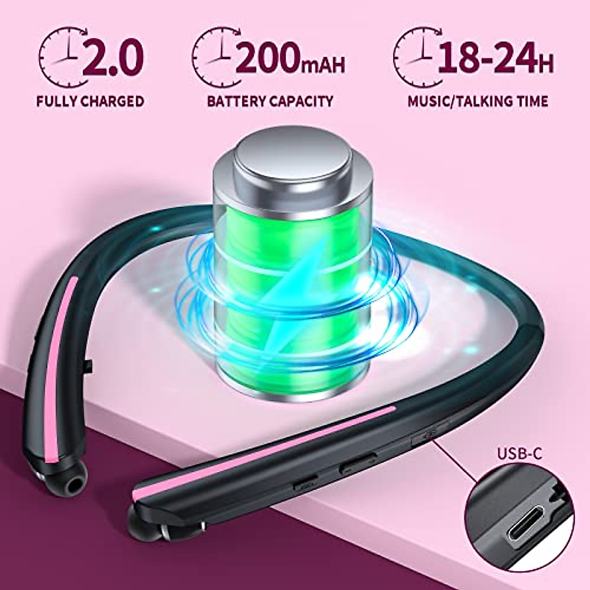 Retractable Bluetooth Headphones Neckband, Headset Wireless with High Volume Earbuds Call Sweatproof Vibrate Alert Earphones with Mic Work with iPhone, iPad, Samsung, Android (PK)