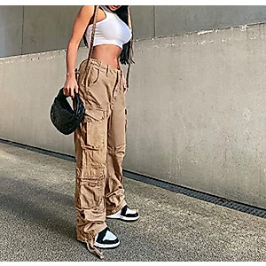 Women's Y2K High Rise Baggy Straight Leg Cargo Pants Streetwear Casual Boyfriend Trousers with Pockets Khaki