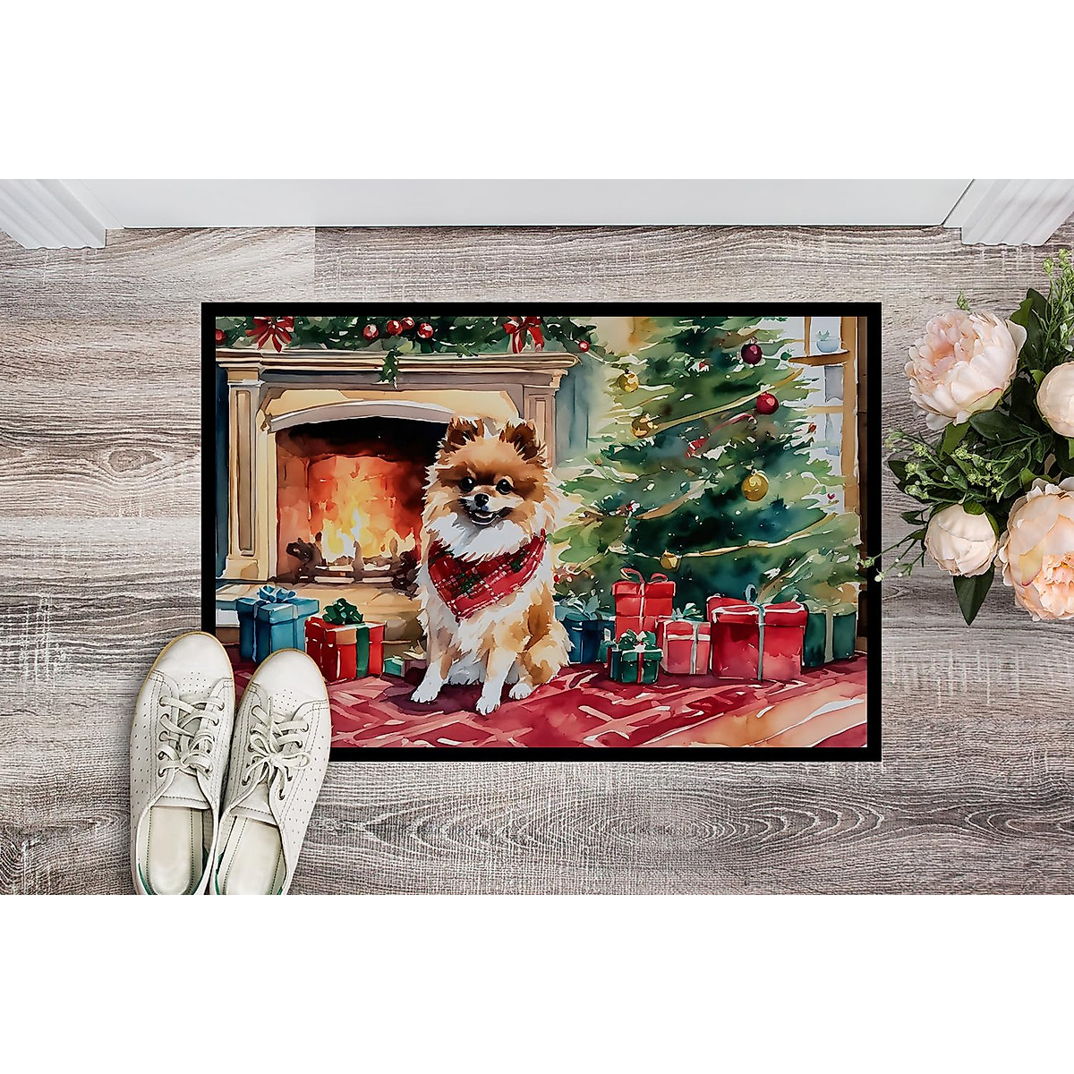 Caroline's Treasures DAC2723MAT Pomeranian Cozy Christmas Doormat Front Door Mat Indoor Outdoor Rugs for Entryway, Non Slip Washable Low Pile, 18H X 27W