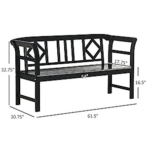 Outsunny Three-Person Wooden Bench, Three-Seater Outdoor Patio Bench, Backrest and Armrests, Rustic Country Diamond Pattern, Slatted Seat for Backyard, Porch Garden, Black