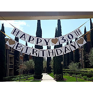 Happy 30th Birthday Banner - Gold Hearts and Ribbon - Birthday Decorations