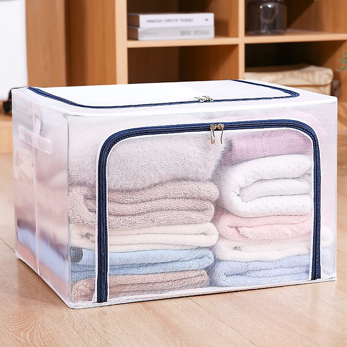 BESTUNIHOM PVC Clear Storage Box,Waterproof Storage Closet Organizers Office Storage Bins Double-way Zippers, Pack of 2 Blue 80L SNX-JWB012PBL80