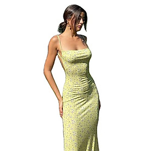 Women Cutout Backless Maxi Dress Sexy Sleeveless Split Cocktail Dresses Bodycon Spaghetti Strap Long Dress Party(Floral Yellow,S)