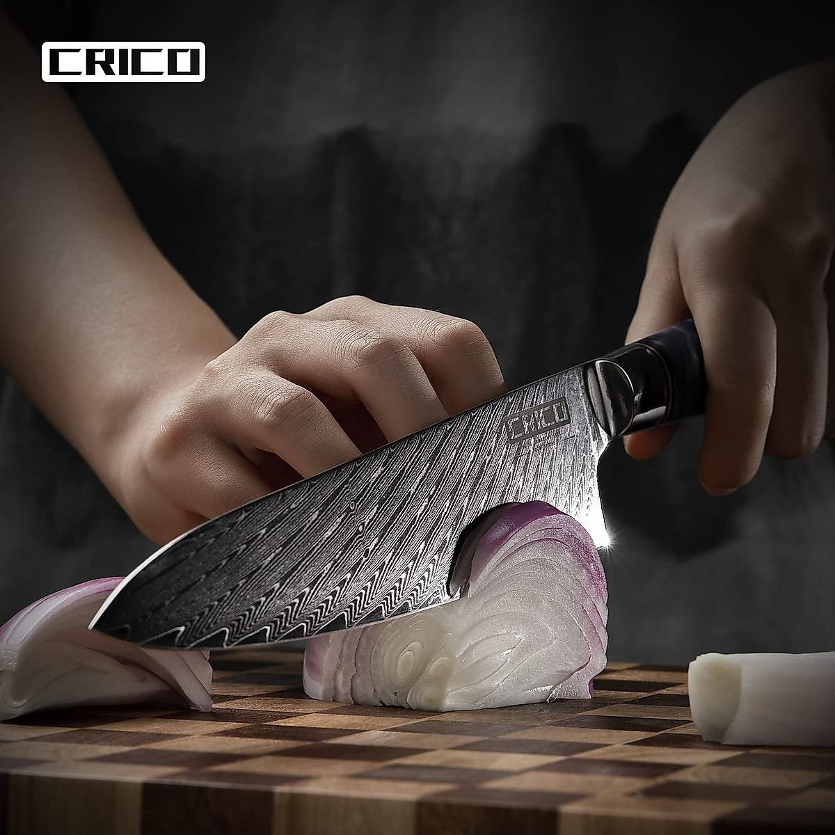 CRICO Damascus Chef Knife 8 inch, Professional Kitchen Knives with Sheath, Forged Japanese VG10 67-Layers Super Steel, Stable-Wood&Resin Handle, Razor Sharp, Gift Box - Flow Series