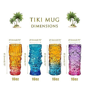 Burns Glass Set of 4 Colored Tiki Glasses - Perfect Tropical Cocktail Tiki Glassware for Tiki Bar, Island Parties, and Gifts for Tiki Lovers