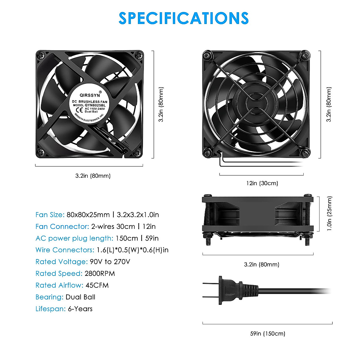 Qirssyn EC Axial Fan 80mm x 25mm 3inch AC 110V 115V 120V 220V 240V Dual Ball for Small Camper Refrigerator Projector Breaker Box Modem Stereo Receiver Cooling