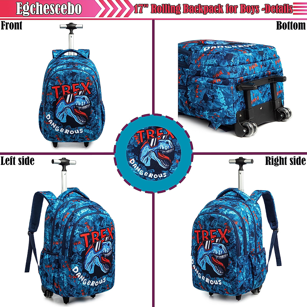 Egchescebo Boys Rolling Backpacks Kids Backpack with Wheels for School Bags Luggage With Wheels Trolley Wheeled Backpacks 3PCS 16“ Dinosaur Travel Bags Boys With Lunch Box Blue