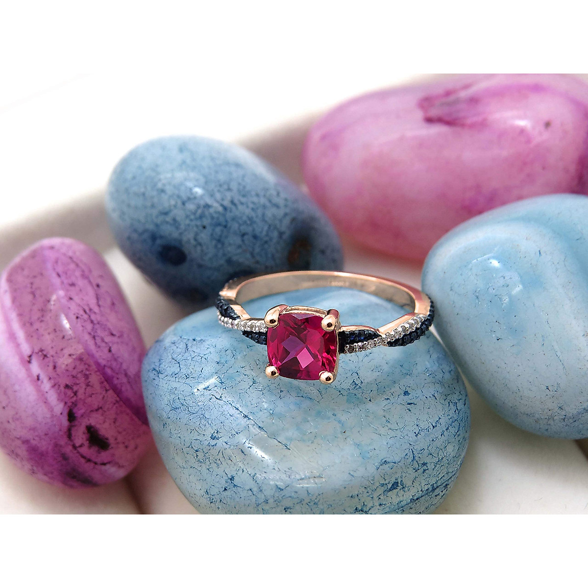 Dazzlingrock Collection 6 MM Cushion Lab Created Ruby with Round Blue Sapphire & Diamond Women Engagement Ring | 18K Rose Gold, Size 10