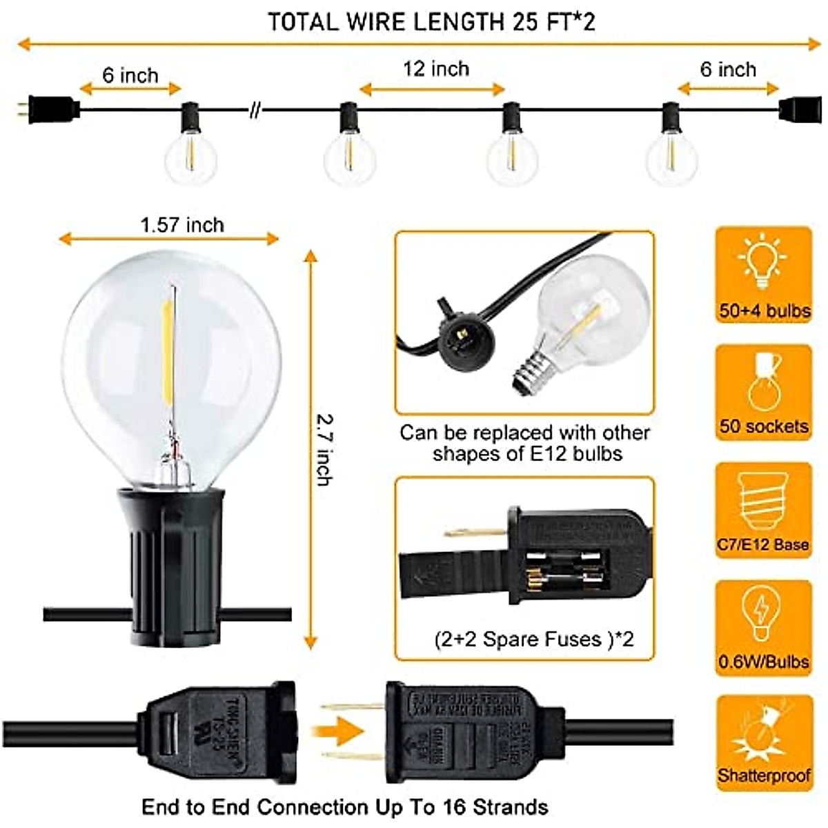 Muasdae Outdoor LED String Lights Indoor Decor Lights Patio Garden Wedding Party G40 Globe Plastic Light Bulbs Waterproof Connectable Shatterproof 25Ft E12 Socket Base (25FT) (Black 2 String Set)