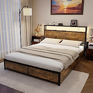 Giantex Queen Bed Frame with LED Lights Headboard and 4 Storage Drawers, Metal Platform Bed with Outlets and USB Ports Charging Station, Smart LED Bed Frame, Easy Assembly, No Box Spring Needed