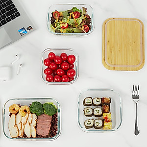 Vtopmart Glass Food Storage Containers with Bamboo Lids, 4 Pack Meal Prep Glass Containers Bento Lunch Box, Safe for Microwave, Oven, Freezer and Dishwasher, BPA Free