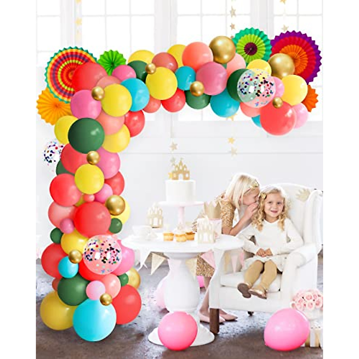 Cinco De Mayo Fiesta Party Decorations - Mexican Themed Balloons Garland Arch Kit + Paper Fans for Birthday Decor Supplies (No Air Pump,Dot&Pennant Banner)