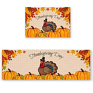 YOKOU Thanksgiving Kitchen Rugs, Day Fall Cartoon Turkey Pumpkin Maple Leaf Orange Non Slip Low Profile Runner Rug Mat for Floor, Kitchen, Bedside, Sink, Office, Laundry, Set of 2