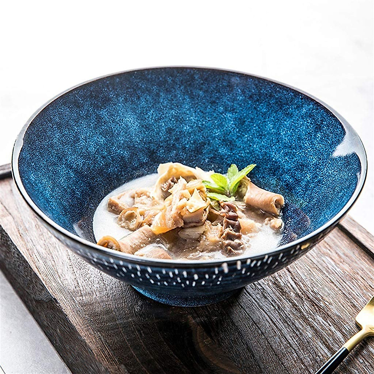 Threaded BowL 8" Ceramic Soup Bowl Ramen Bowl, Blue Thread Rice Bowl, Large Fruit Salad Bowl, Kitchen Tableware Cereal Bowl (Color : Blue2, Size : 8")