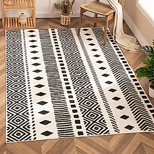 UBTKEY Living Room Area Rug 5x7, Ultra-Thin Non Slip Washable Farmhouse Rugs for Bedroom, Geometric Abstract Boho Area Rugs Large Floor Carpet for Home Office Decor (White/Black, 5' x 7')