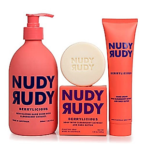 Nudy Rudy - Berrylicious Trio Bundle - Hand Cream, Liquid Hand Wash & Bar Soap - Organic Shea Butter - Natural - Non-Greasy - Moisturizer - Hand Lotion - Hand Soap - Body Wash - Skin Care - 3 Pack