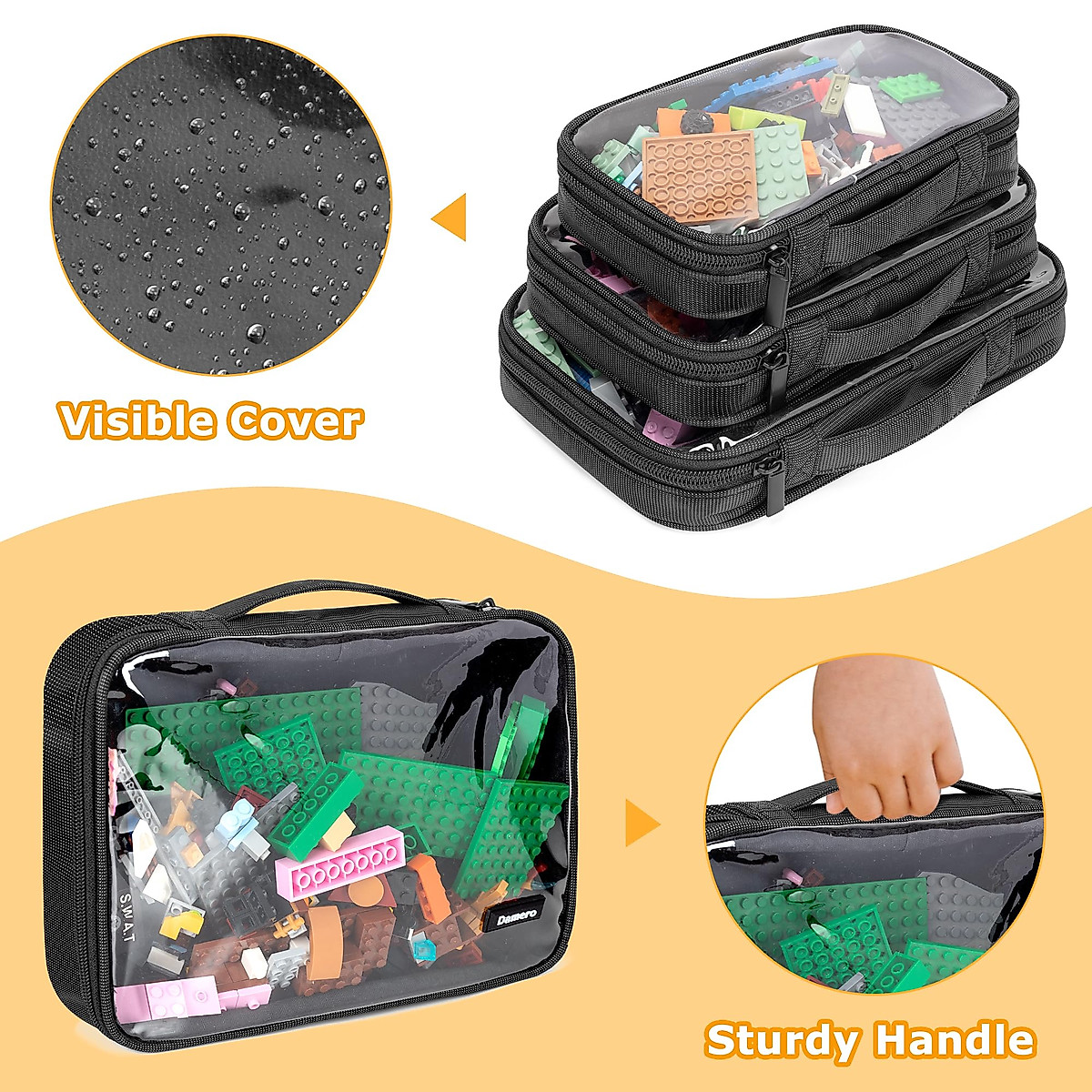 Damero 4 Packs Toy Carry Case, Toy Storage Bags with Zipper, Toy Building Blocks Board Games Storage Case, Clear Toy Organizer Bags for Travel, Playroom, Classroom, Home Organization, Black(Bag Only)