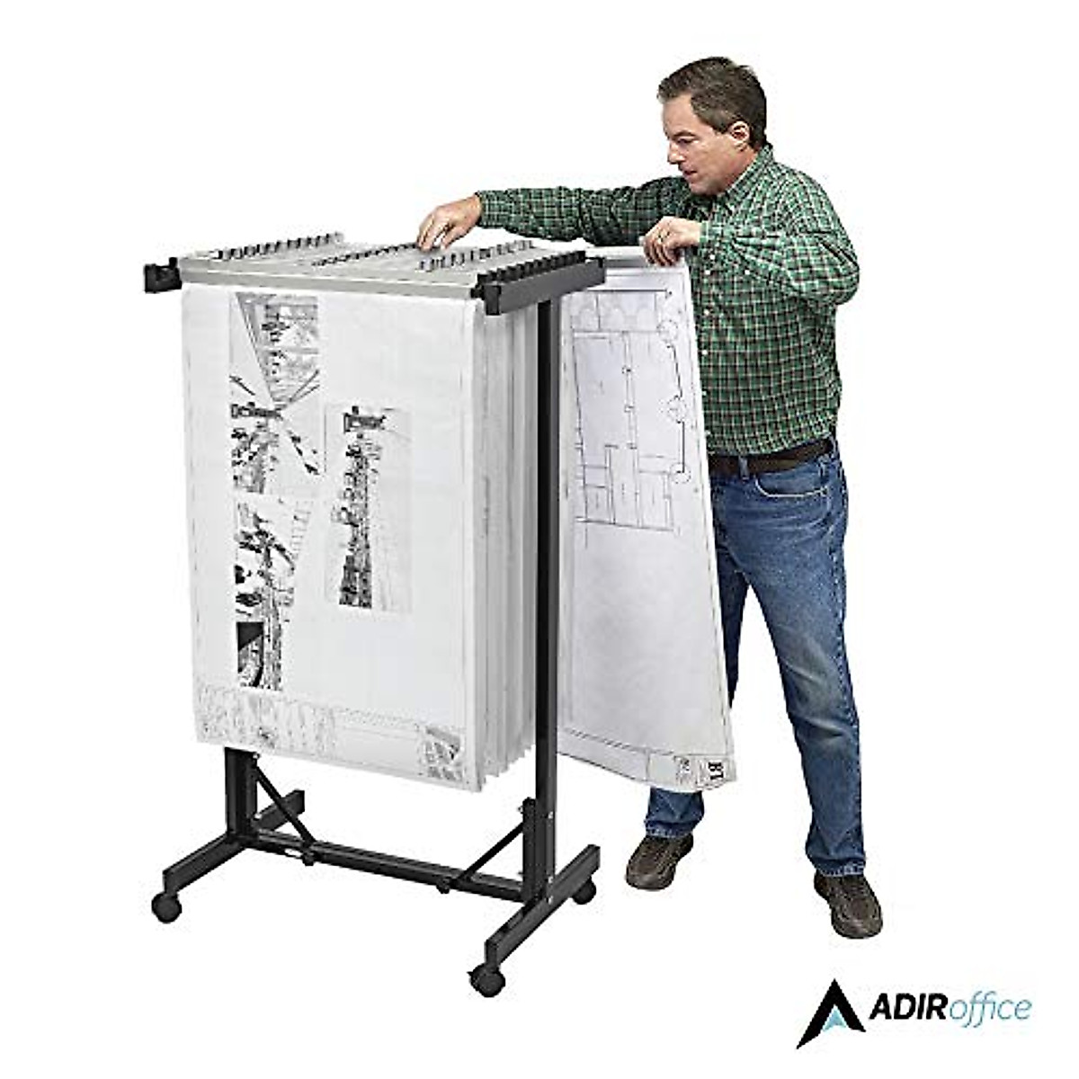 Adir Mobile Blueprint Storage - Horizontally Adjustable Vertical Poster Display Rack/Plans Holder - File Organizer Stand for Home, Office (Black)