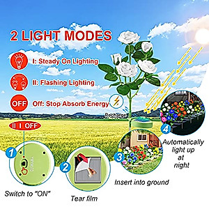 YWYWLED Solar Flower Lights Outdoor - Upgraded New Material Two Modes Realistic LED Solar Powered Waterproof Lights with 5 Roses, Solar Decorative Stake Lights for Garden (White, 1 Pack)