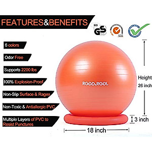 RGGD&RGGL Yoga Ball Chair, Exercise Ball with Leak-Proof Design, Stability Ring&2 Adjustable Resistance Bands for Any Fitness Level, 1.5 Times Thicker Swiss Ball for Home&Gym&Office&Pregnancy (65 cm)