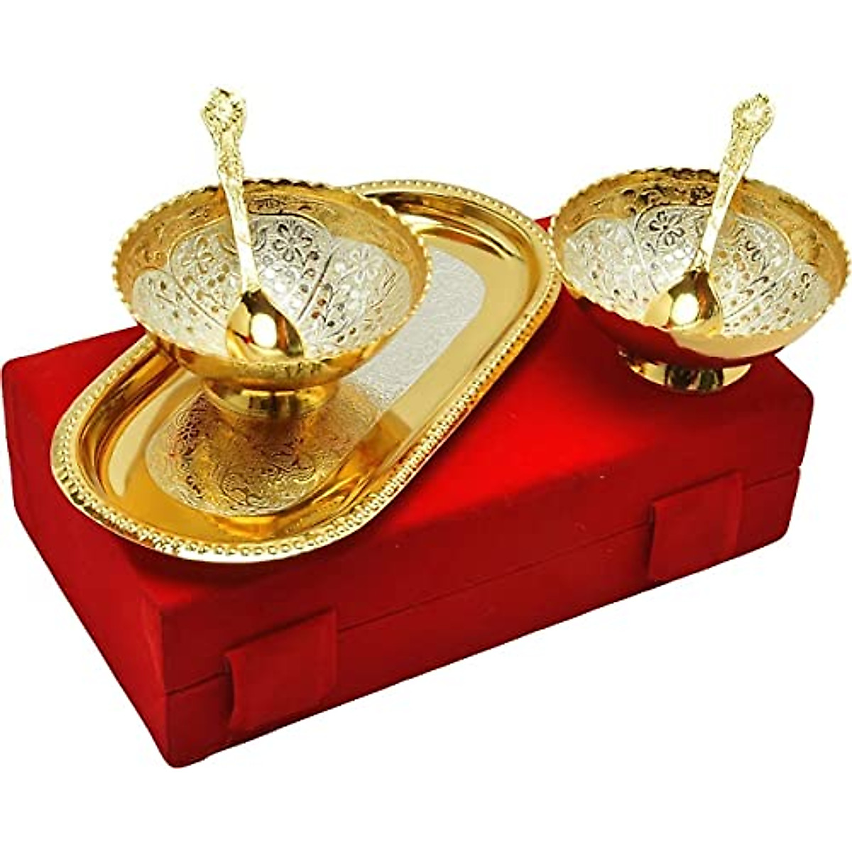Handmade Designer Silver and Golden Color 1 Tray 2 Round Shaped Bowl Set And 2 Spoon Dry Fruit Bowl Set Diwali Christmas Festival Gifts