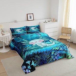 Manfei Cartoon Axolotl Twin Size Comforter Set,Cute 3D Ocean Animal Quilt Set Soft Bed Collection,Blue Seaweed Plant Bedding Comforter for Boys Girls Kawaii Bedroom Decor,2 Pcs