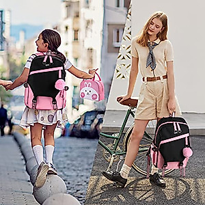 FRONET Backpack for Girls Teenage School Bags for Elementary Middle High Student Kids Casual Laptop Daypack Grade 7 8 9 10 Ages 11 12 13 14 15 16 Children Kawaii Pink Bookbag Set with Lunch Bag