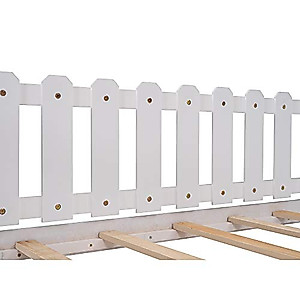 KLMM Low Daybed for Kids, Floor Bed with Trundle Bed, House Shape Wooden Bed Frame with Fence-Shaped Guardrail and Roof, Bedroom Furniture, Can be Decorated, Tent, Twin (White+Fence-Shaped Guardrail)