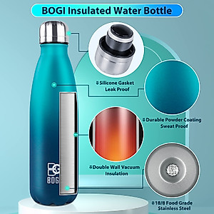 BOGI Insulated Water Bottle, 17oz Stainless Steel Water Bottles, Leak Proof Sports Metal Water Bottles Keep Cold for 24 Hours and Hot for 12 Hours BPA Free kids water bottle for School (Blue DBlue)