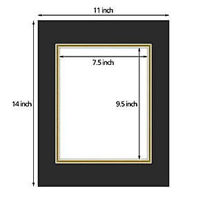 Golden State Art, 11x14 Double Mats for 8x10 - for Photos, Pictures, Frames - Acid-Free, 5 Pack, Black Over Old Gold