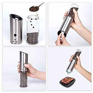 USB Rechargeable Electric Gravity Salt and Pepper Grinder with Adjustable Coarseness Automatic Pepper and Salt Mill with White LED Light,One Hand Operated,Brushed Stainless Steel by CHEW FUN