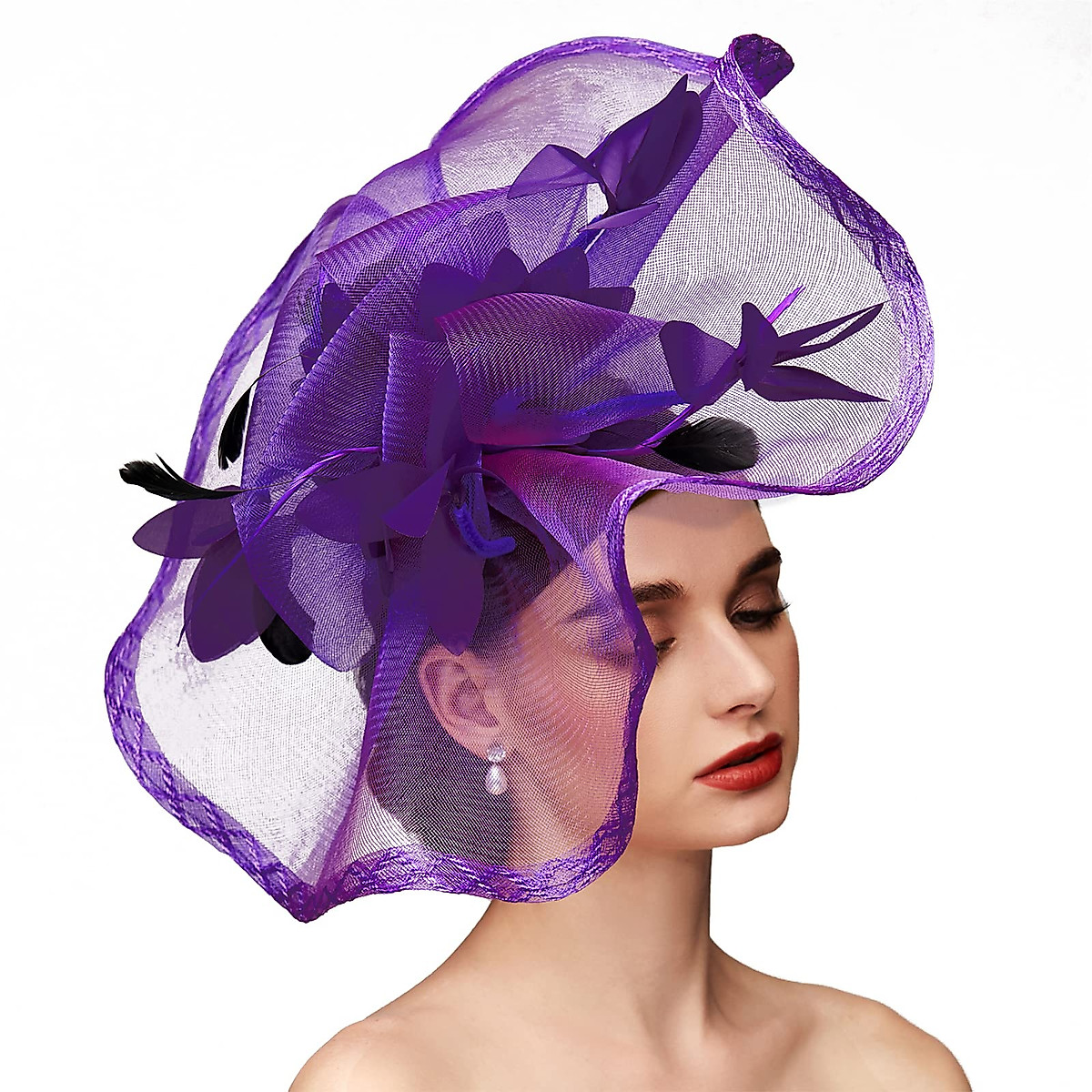 TS Fascinators Hat Mesh Floral Feather Fascinator Headband for Wedding Cocktail Tea Party or Special Occasion(Purple)