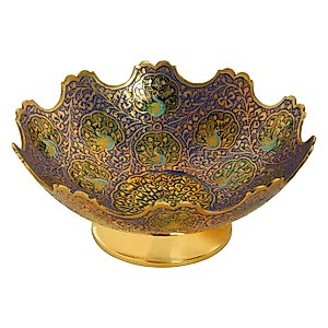 Zap Impex Brass Decorative Dry Fruit Bowl Multipurpose Serving Bowl carving Work - Size- 7" Beautiful Blue Color Peacock design Kitchenware Gift