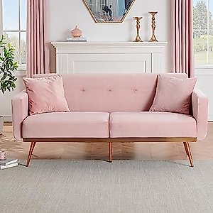 Velvet Futon Sofas Bed and Couch,70 Inches Long, Mid Century Modern Couch Tufted Back Sofa , 2 Throw Pillows, Armrest, 5 Metal Tapered and Wooden Legs for Living Room, Apartment, Bedroom (Pink)