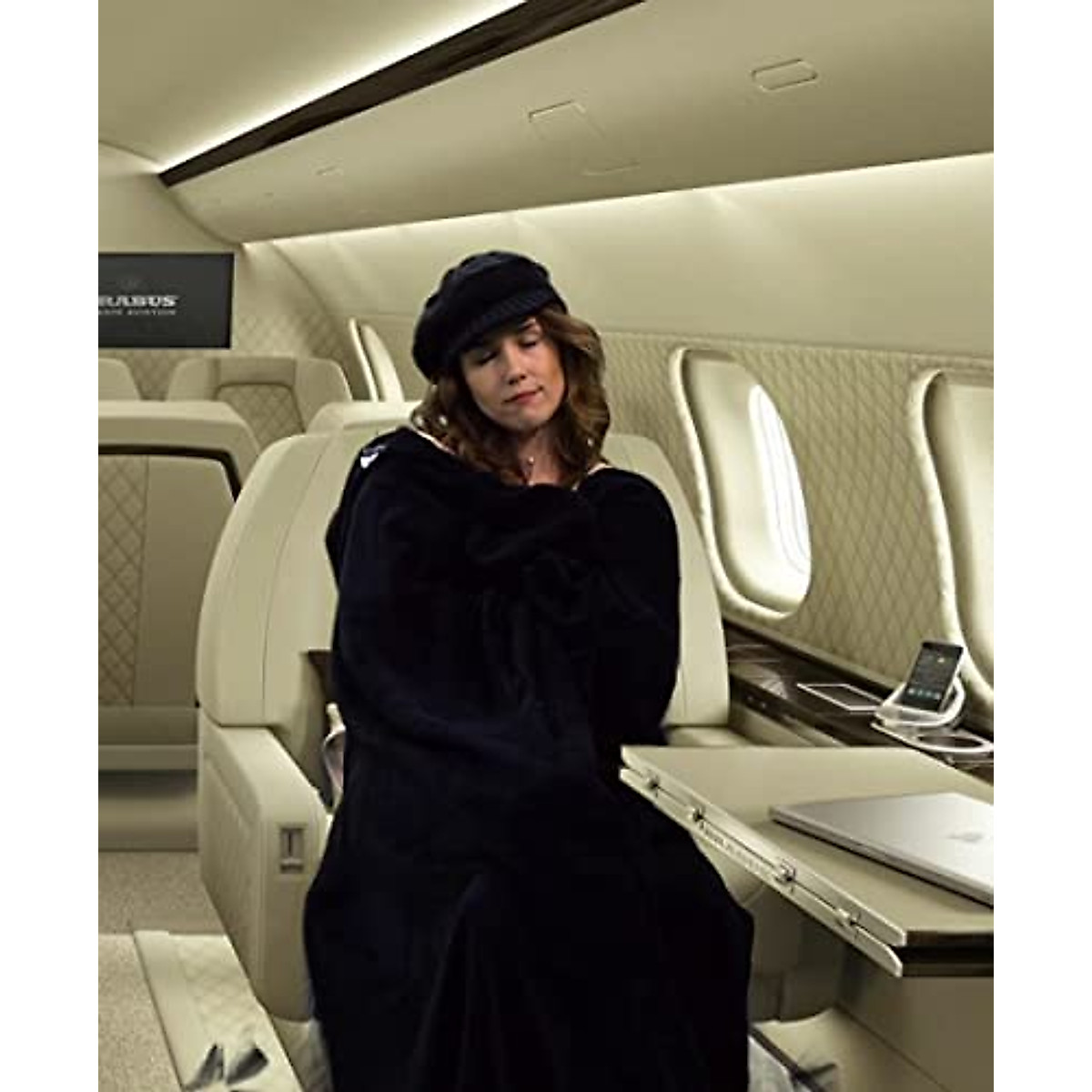 BlueHills Premium Mini Plush Travel Blanket and Ultra Compact Travel Blanket Value Pack Set of 2 - Airplane Flight Blanket Throw in a case with Strap Compact Pack for Car Plane Travel Black