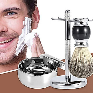 Professional Men's Shaving Tool Kit for Men Beard Shaving Stand Holder + Faux Badger Hair Brush + Alloy Soap Mug Bowl Kit, Set Mustache Care, Travel Case for Male