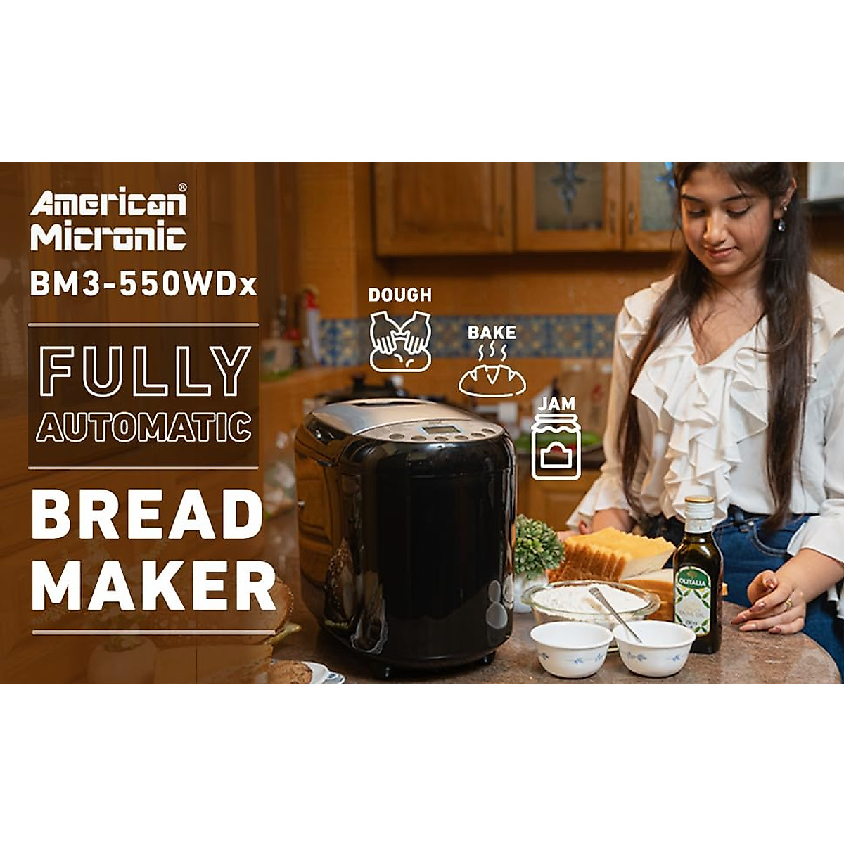 AMERICAN MICRONIC- Bread Maker with 19 Pre-Programmed Menus including Gluten free, 3 Crust Colors, LCD Display, and 550W Power, Stainless Steel top- Model AMI-BM3-550WDx (Black & Steel)