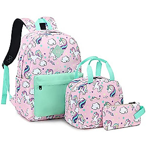 Unicorn School Backpack for Teen Girls, 3-in-1 Kids Backpack Bookbag Set School Bags with Lunch Box Pencil Case