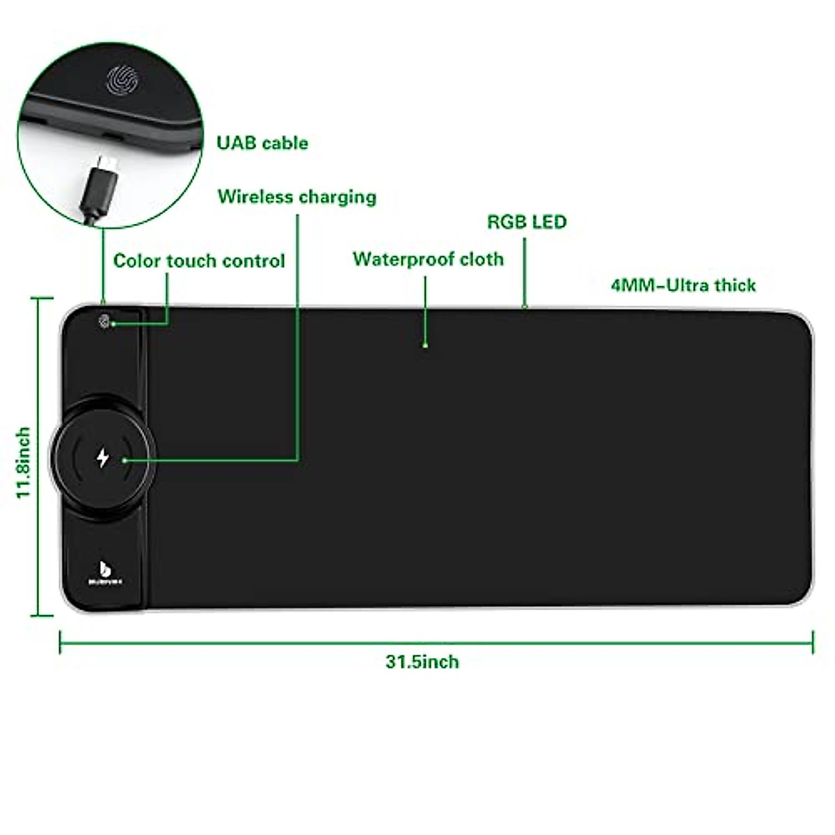 Gaming Mouse Pad,15W Qi Fast Chargering,Extened Large RGB Gaming Mouse Pad,for Large Keyboard and Mouse,Home&Office,10 Lighting Modes,Support Qi Fast Charging Support Mobile Phone Devices,31.5"X11.8"