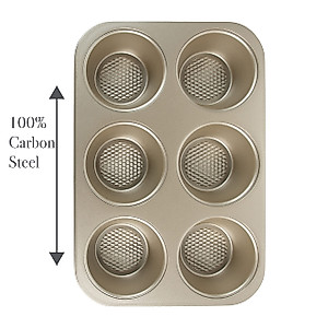 Kitchen Details Pro Series 6 Cup Muffin Pan with Diamond Base | Dimensions: 12.6” x 8.5” x 1.6” | Non-Stick | Kitchen Accessories | Durable | Easy to Clean | Gold